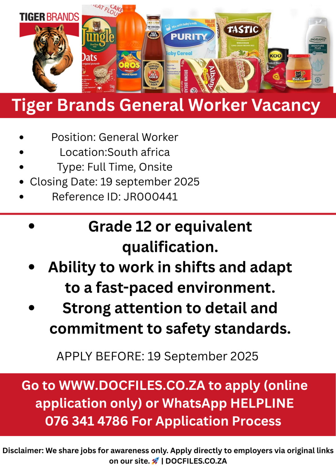Tiger Brands General Worker Submit Cv's Now - DOCFILES.CO.ZA
